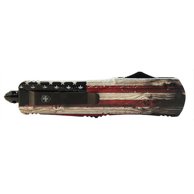 LARGE WOOD US FLAG DAGGER OTF KNIFE BLACK BLADE - Top Brass Tactical