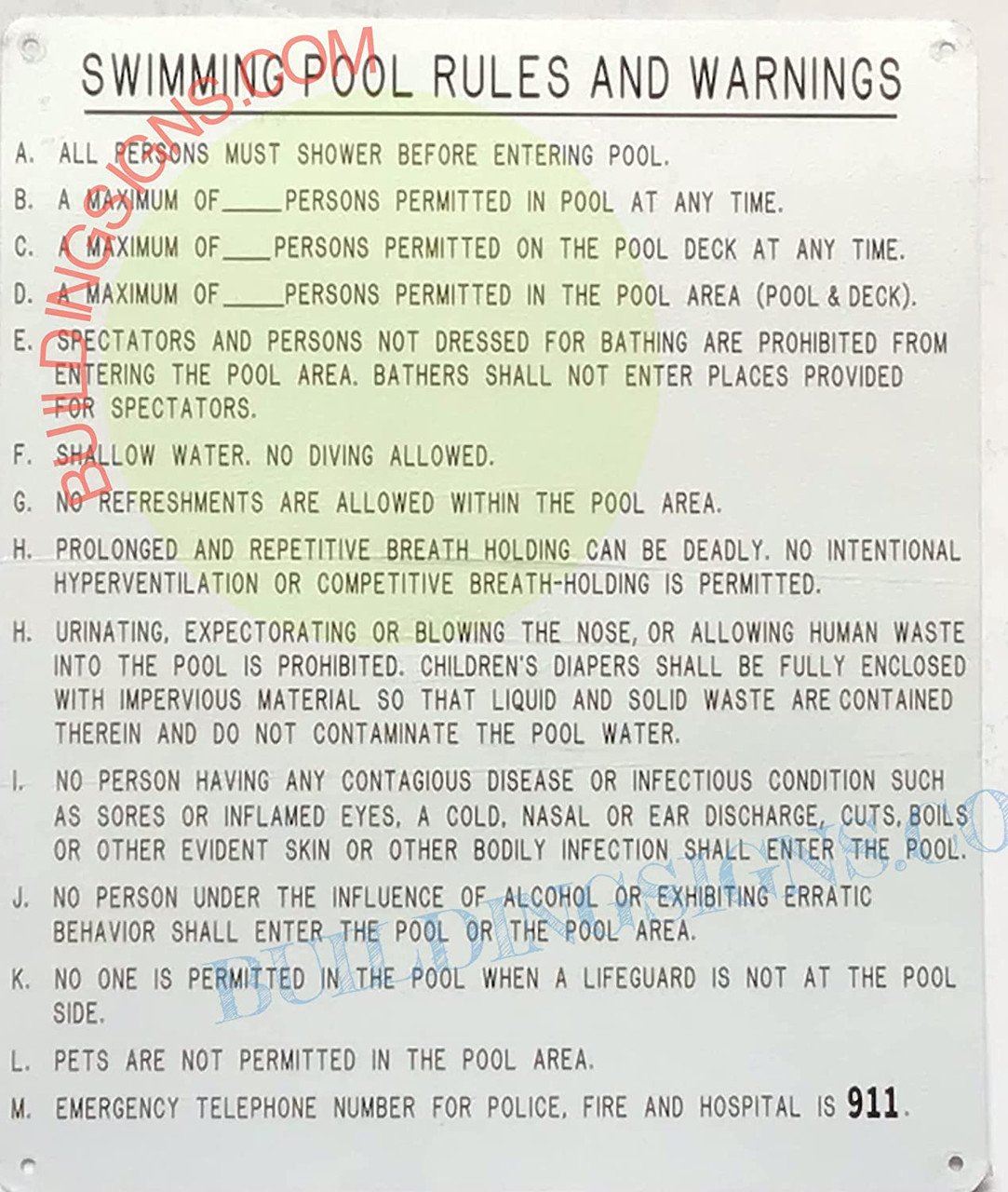 SWIMMING POOL RULES SIGN ( WHITE, Reflective ALUMINUM , 10x12 INCH)