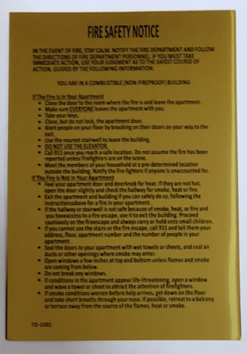 DOOR Fire Safety Notice -NON FIRE PROOF BUILDING(gold ,8.5X5.5, § 408 ...