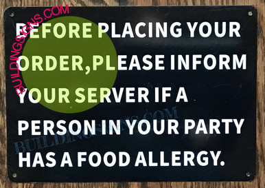 RESTURANT FOOD ALLERGY WARNING SIGN (BLACK, ALUMINIUM, REFLECTIVE. 7X10 ...