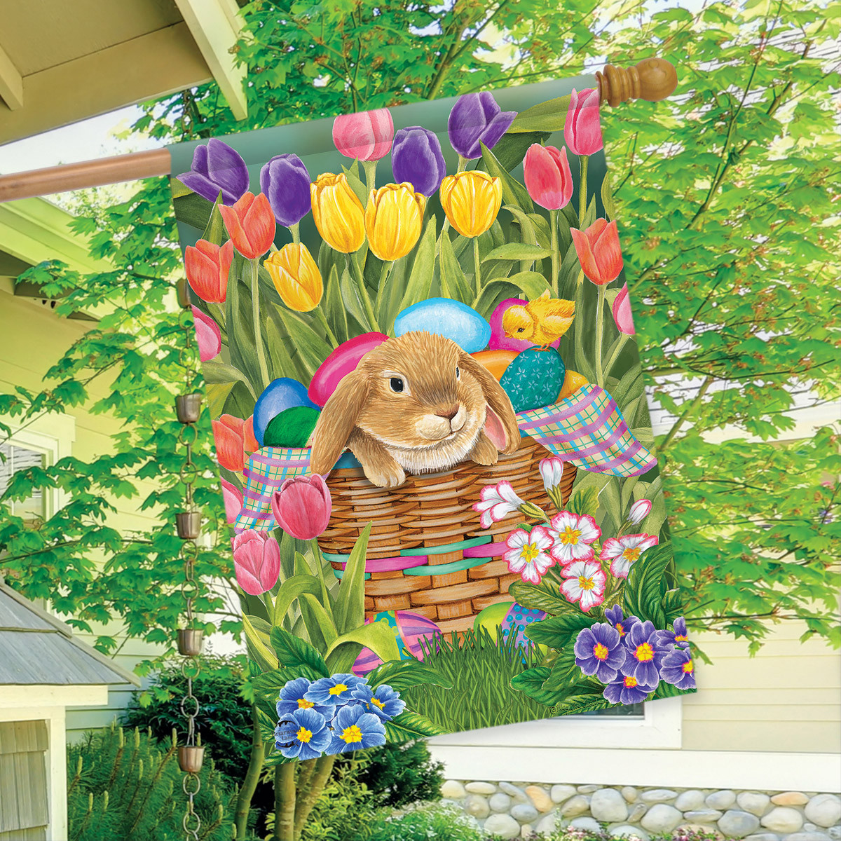 Spring Rabbit Tulips House Flag - Briarwood Lane