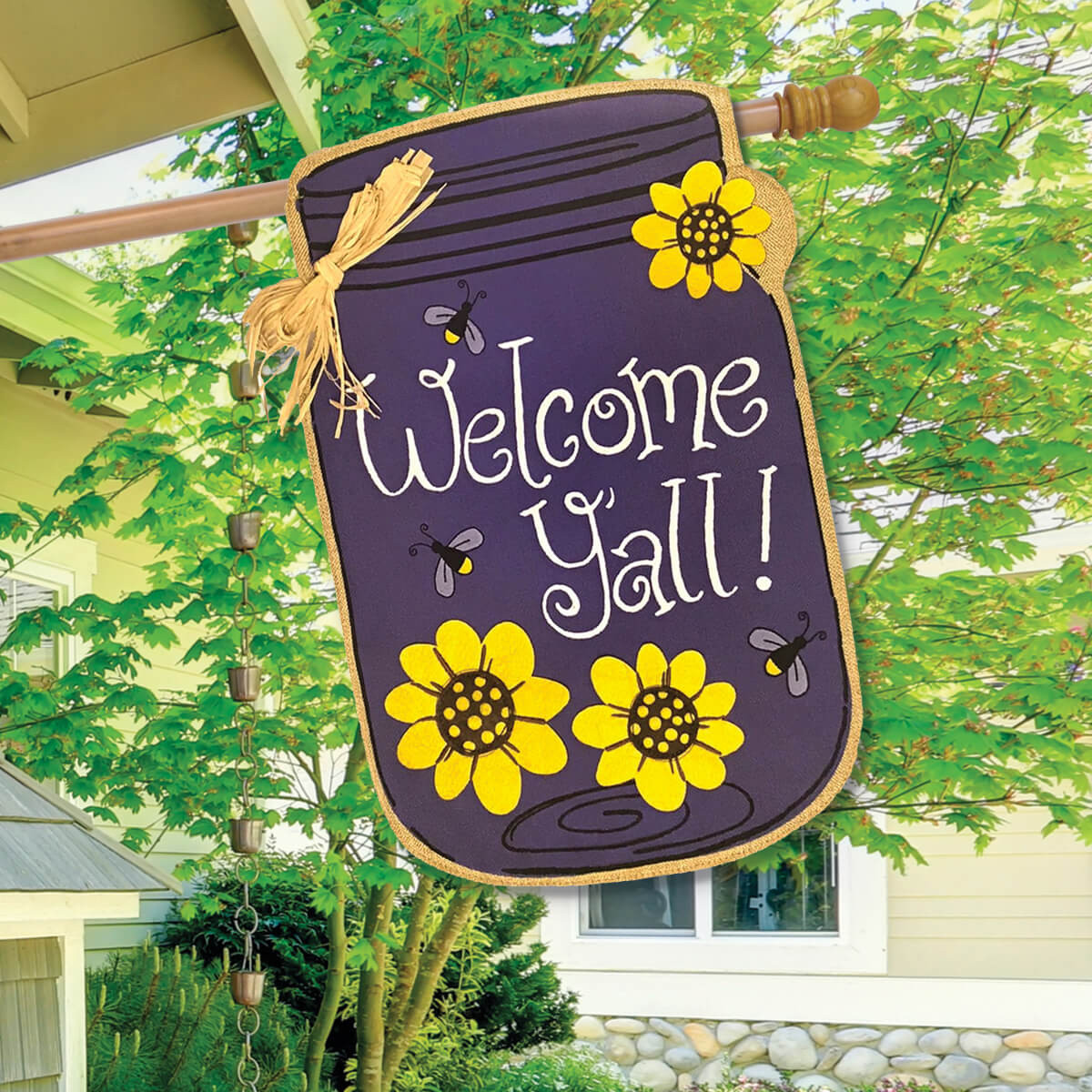 Welcome Y'all Jar Spring Burlap House Flag - Briarwood Lane
