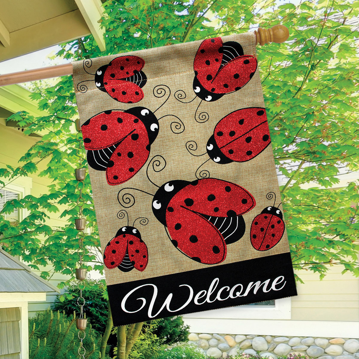 Ladybug Gathering Burlap House Flag - Briarwood Lane