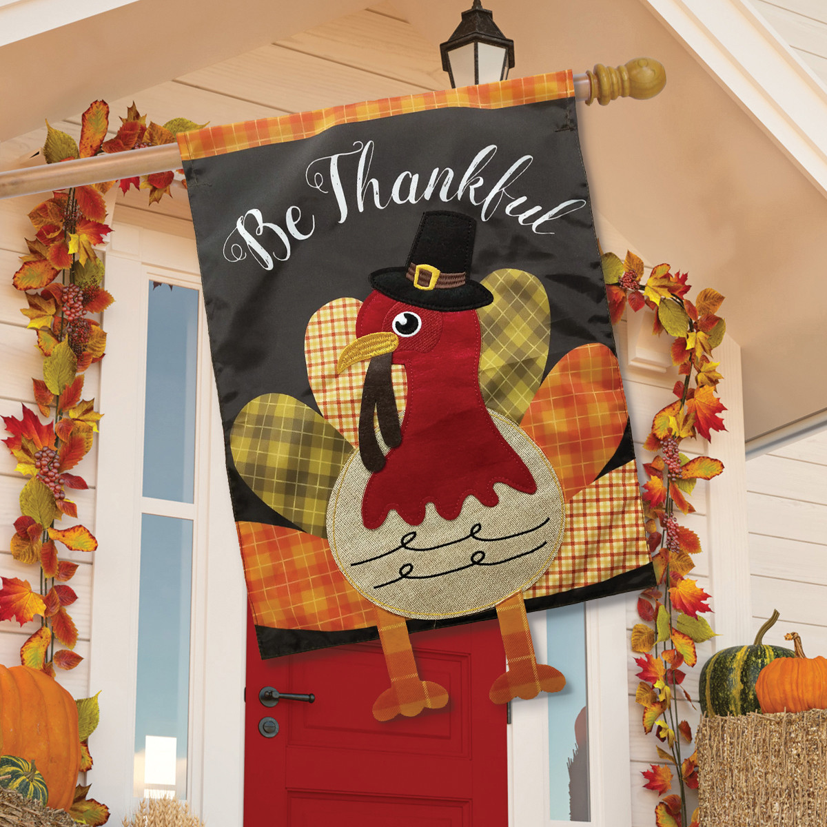Colorful Turkey Thanksgiving Applique House Flag - Briarwood Lane