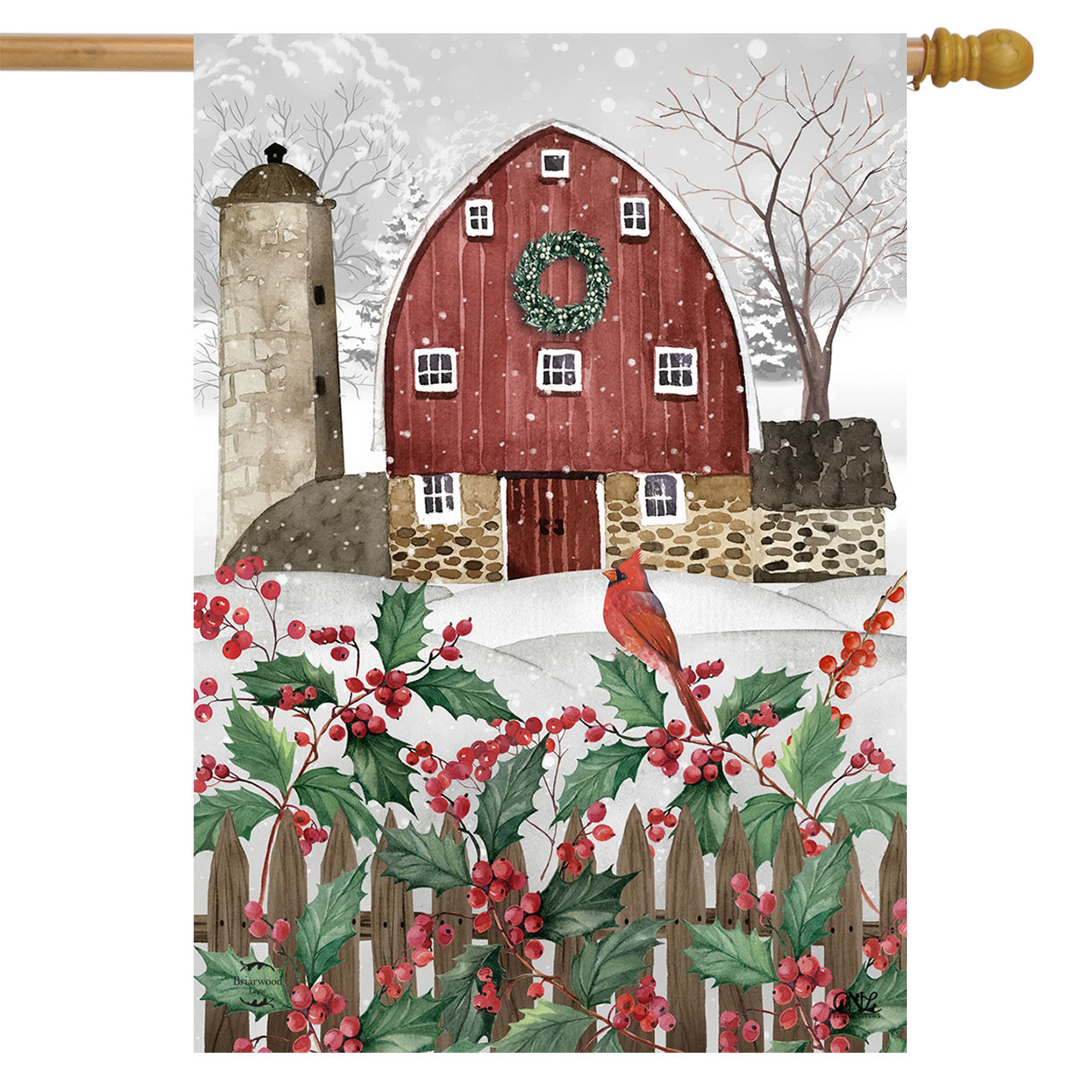 Barn in Snow House Flag - Briarwood Lane