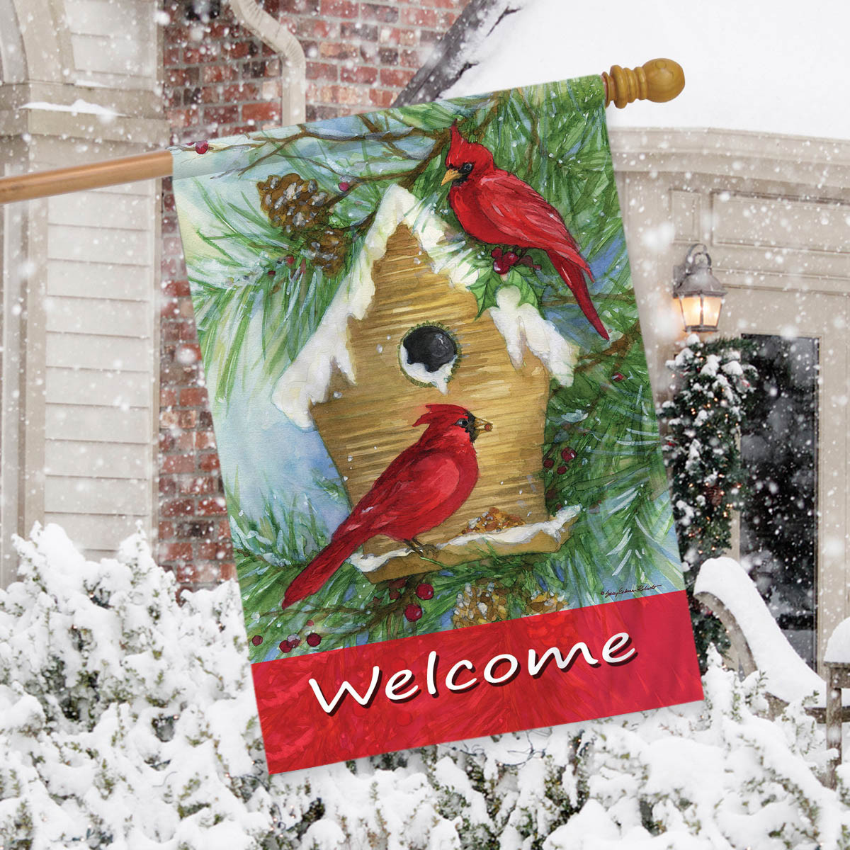 Snowy Cardinals Winter House Flag - Briarwood Lane