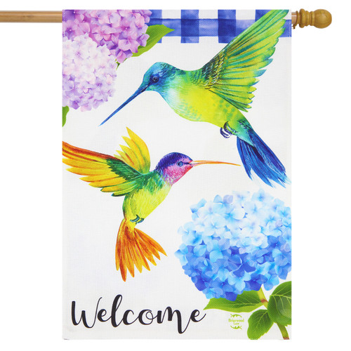 Hummingbirds and Hydrangeas Spring Burlap House Flag - Briarwood Lane