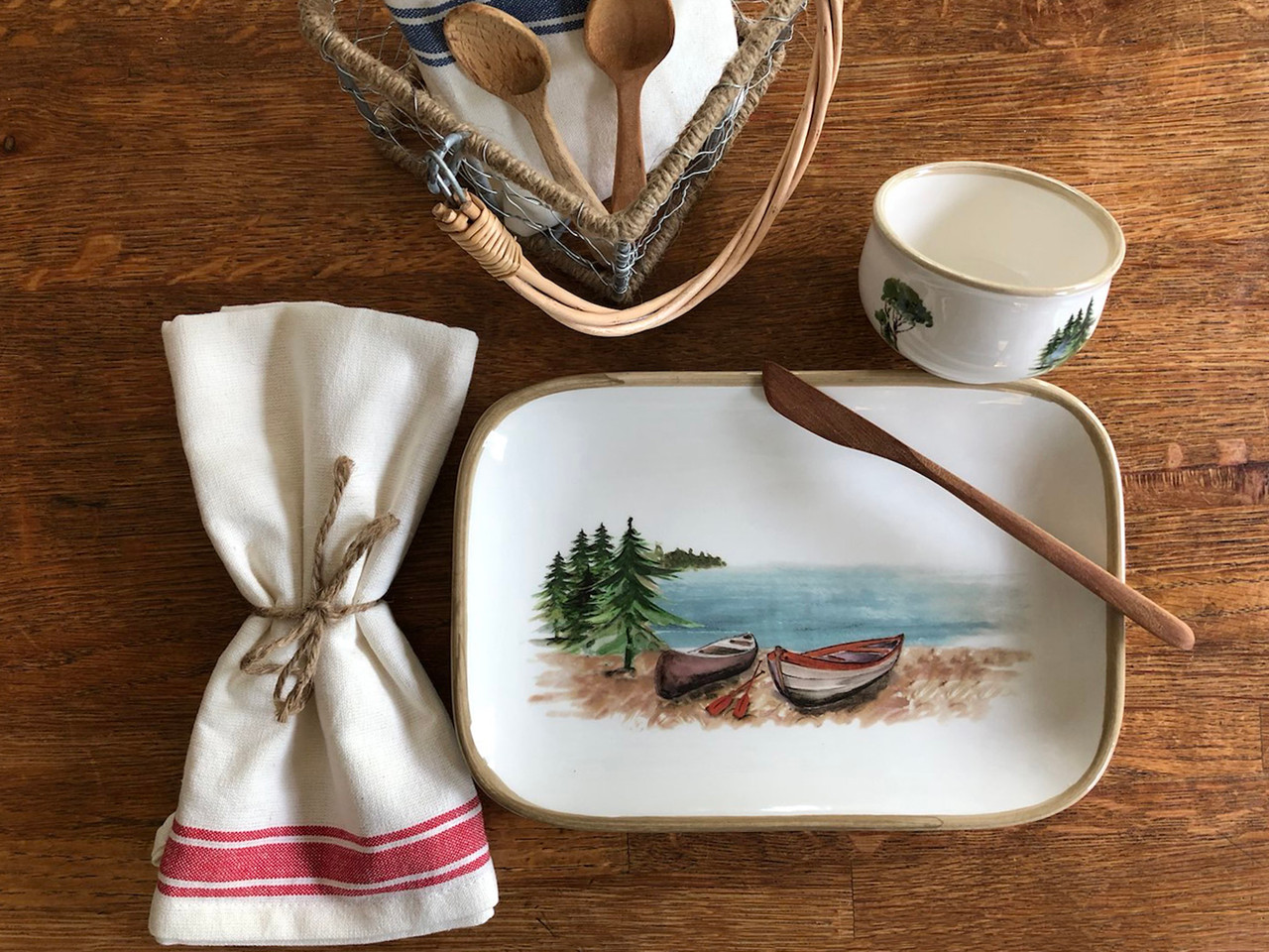 Beautifully Hand Painted Canoes Day at the Lake Large Oval Serving Platter