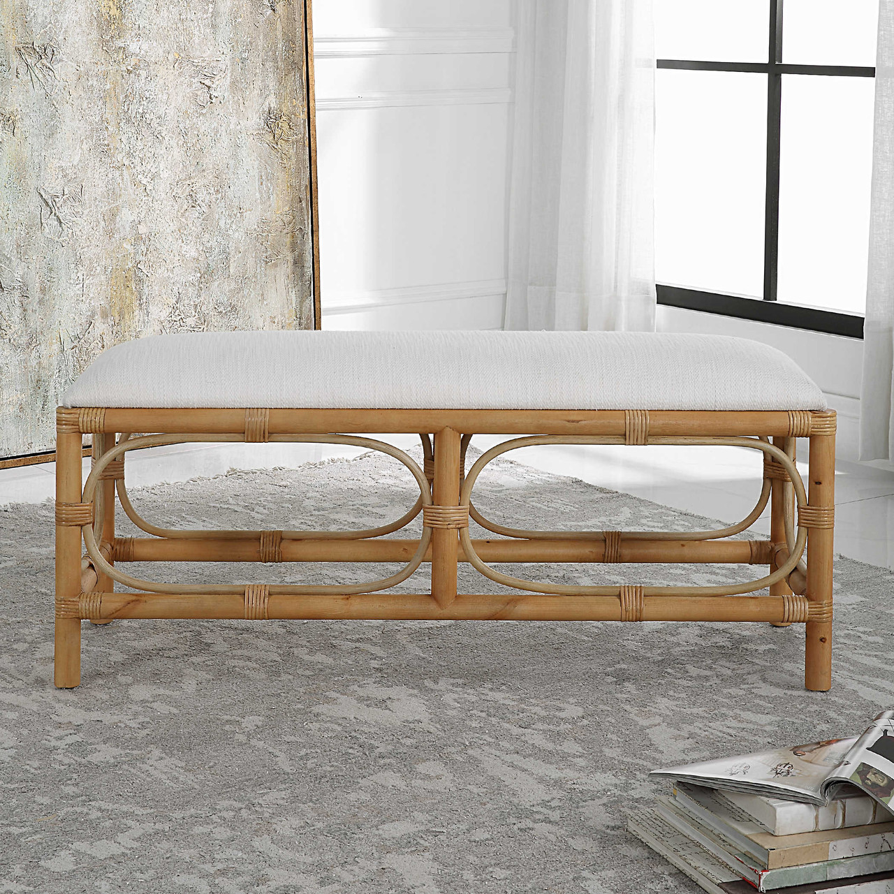 Laguna Rattan and White Upholstered Long Bench - Naturally Chic | Caron ...