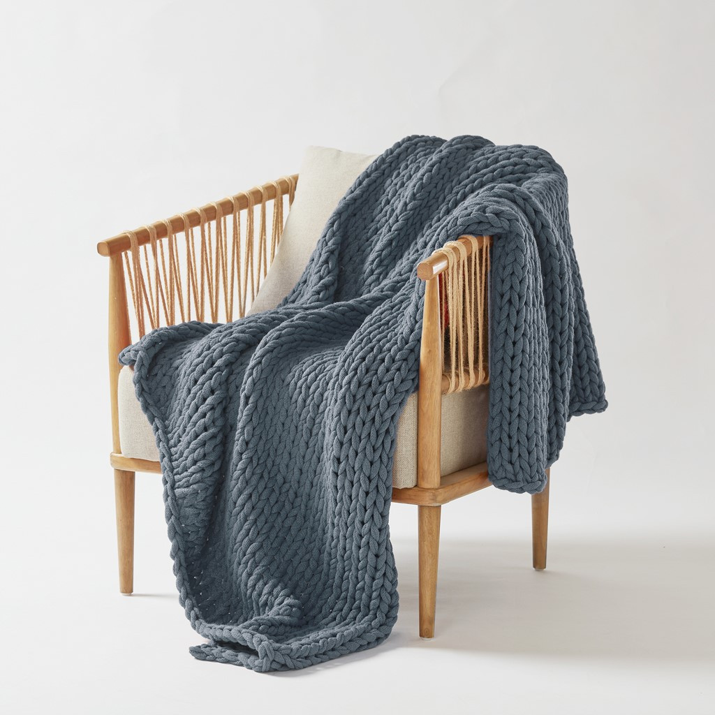 Navy Blue Chunky Handmade Double Knit Throw | Caron's Beach House