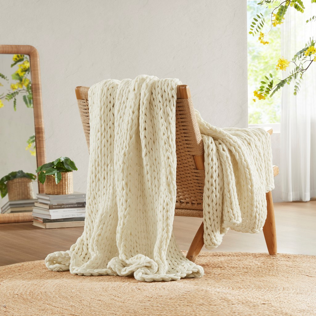 Navy Blue Chunky Handmade Double Knit Throw | Caron's Beach House