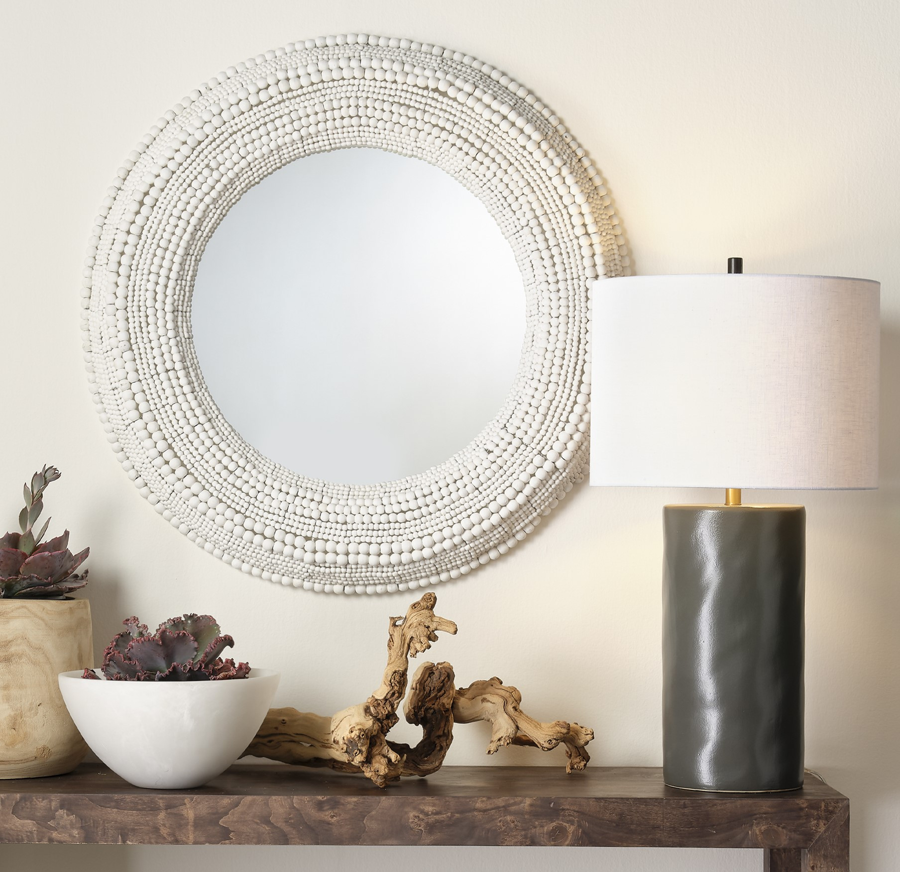 On the Strand White Mango Wood Beaded Round Mirror | Caron's Beach House