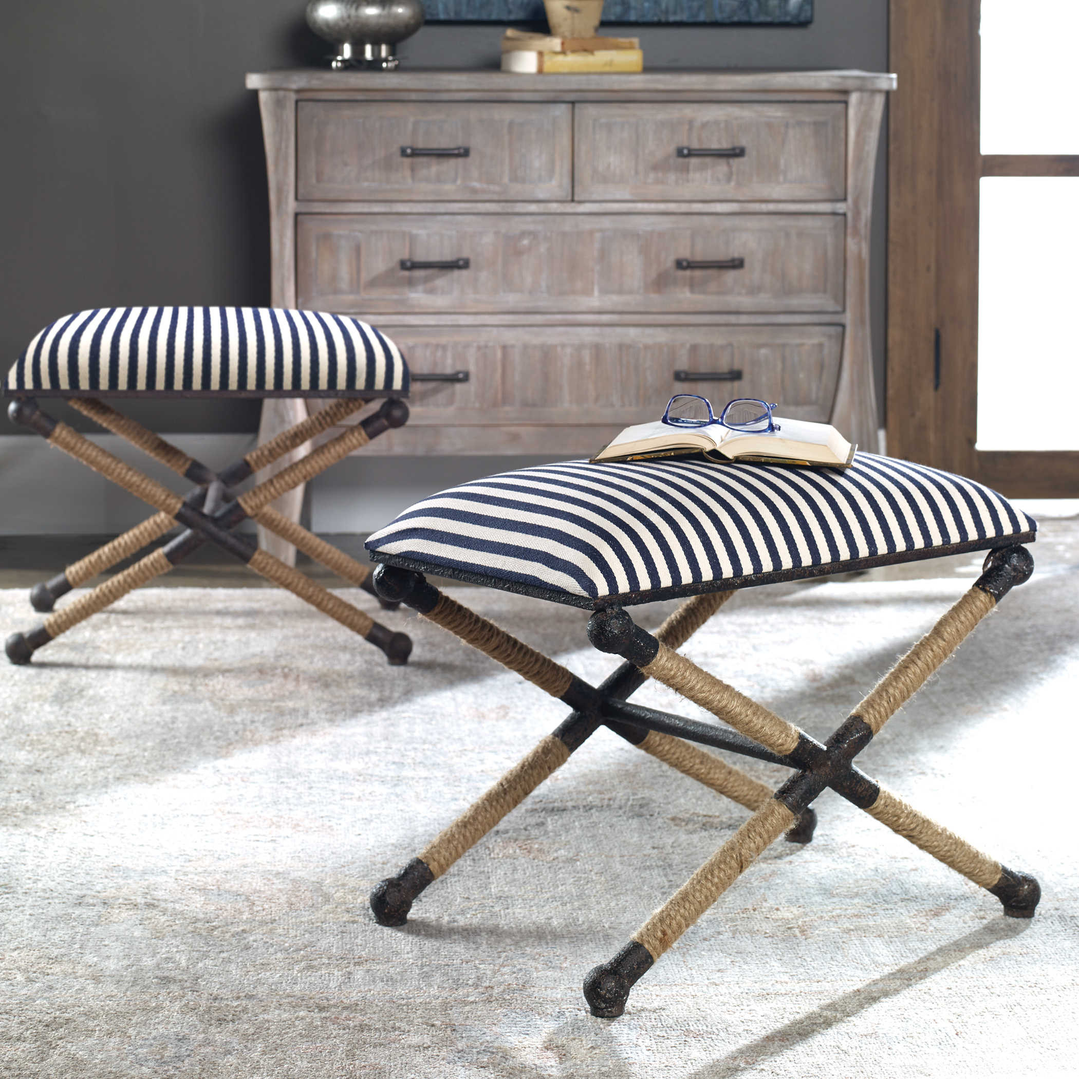 Nautical Braddock Navy Blue Long Bench | Caron's Beach House