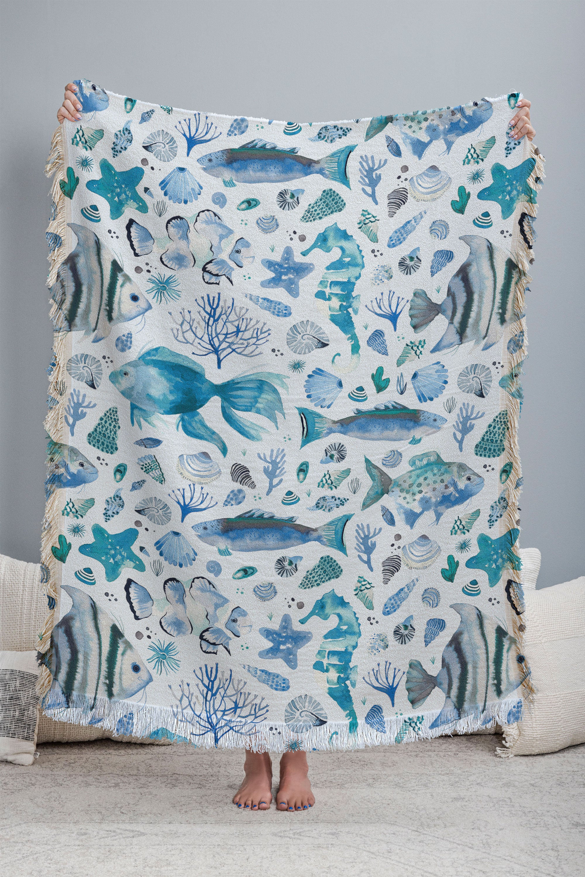 Sea Fishes Shells Aqua Double Woven Fringed Throw - Inviting and Cozy