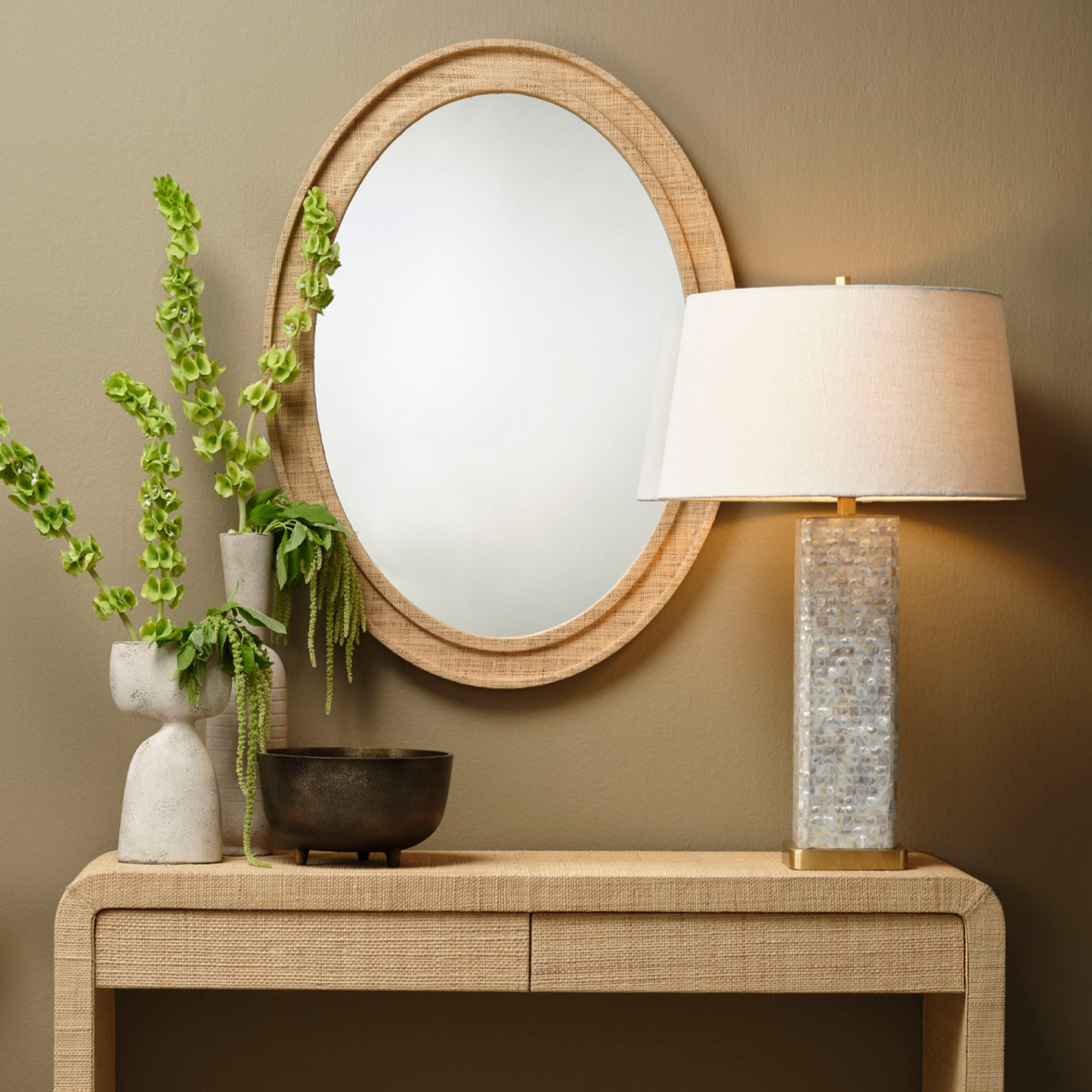 Stunning Simone Natural Woven Raffia Oval Mirror | Caron's Beach House