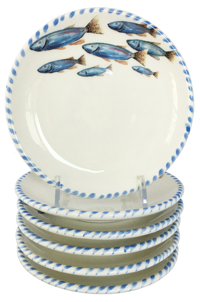 Set of Six Hand-Painted Blue School of Fish Canape' Plates