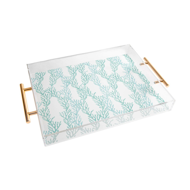 Summer Aqua Coral Acrylic Serving Tray with Gold Handles | Caron's ...
