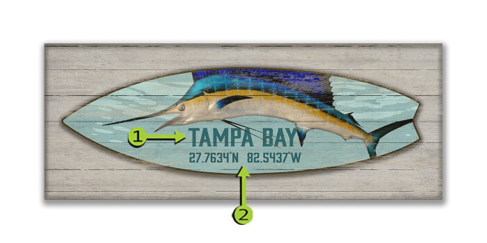 Blue Marlin Latitude Surfboard Custom Art | Caron's Beach House