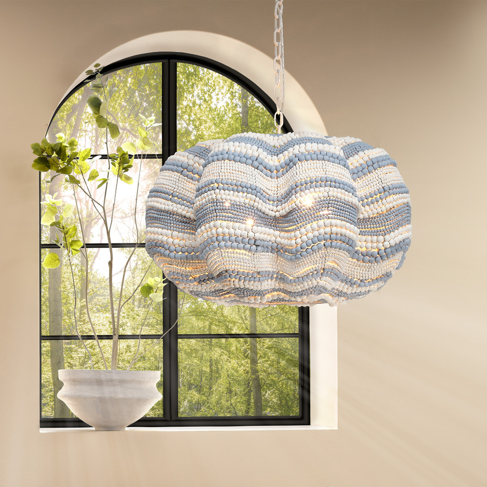 Clamshell Blue and White Beaded Chandelier - Coastal Cool