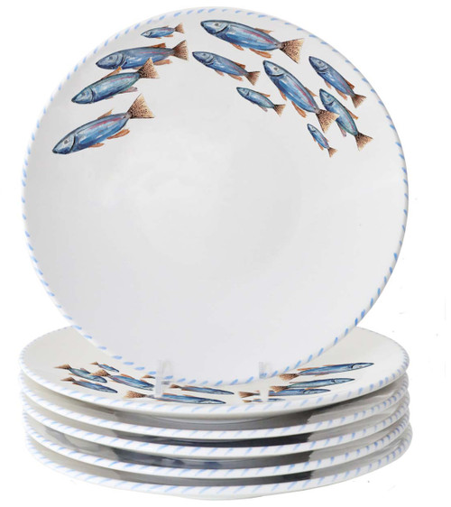 Coastal Set of Six Hand Painted Blue School of Fish Dinner Plates