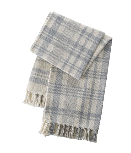 Encinitas Stone Blue and Cream Plaid Woven Throw | Caron's Beach House