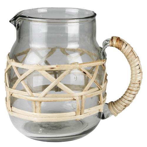 Eco-Friendly Rattan Wrapped Upcycled Bubble Glass Handled Pitcher