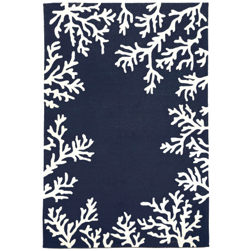 Navy and White Coral Branch Border Design Rug | Caron's Beach House