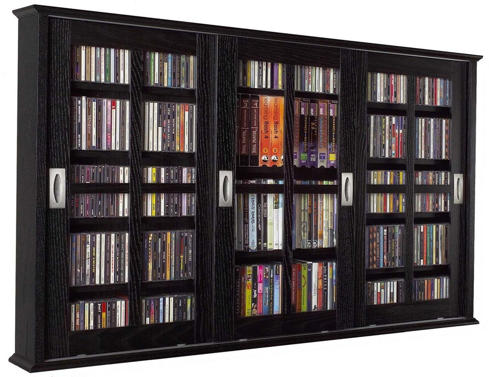 Triple Sliding Door Wall Mount CD DVD Cabinet - Black