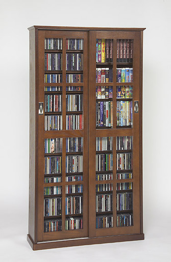 Mission Style 2 Sliding Glass Door CD DVD Storage Cabinet - Walnut