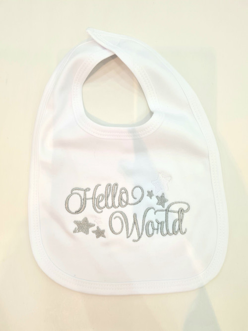 Hello World Bib White/Grey - Kiddie Boutique By Claire