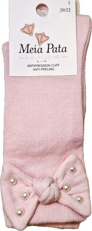 Meia Pata Knee Socks with Mesh Bow and Pearls 1196M - Pink - Kiddie ...