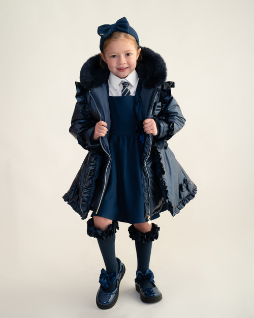 Caramelo Girls Navy Peplum Coat Fur Trim Hood 342385 - Kiddie Boutique ...