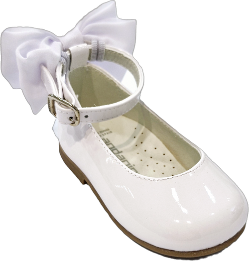 Andanines Girls’ White Patent Leather Shoes with Ankle Strap & Back Bow ...