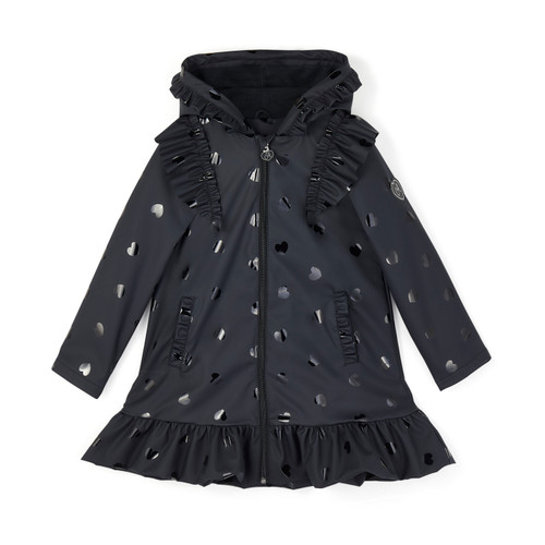 ADEE Girls Black Heart Printed Raincoat with Frilled Hood, Hem, Pocket ...