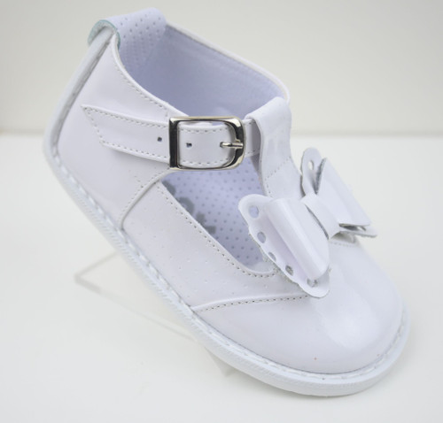 PEX Girls White Patent 'Beau' T-Bar Shoe with Bow & Buckle Fastening ...