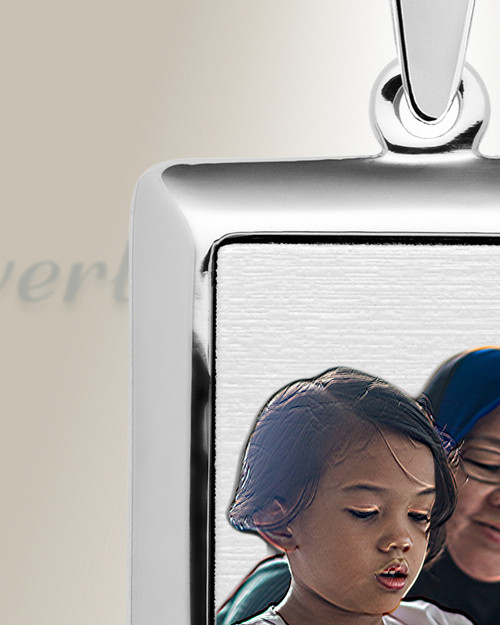Silver Portrait Color Photo Engraved Rectangle and Photo Jewelry