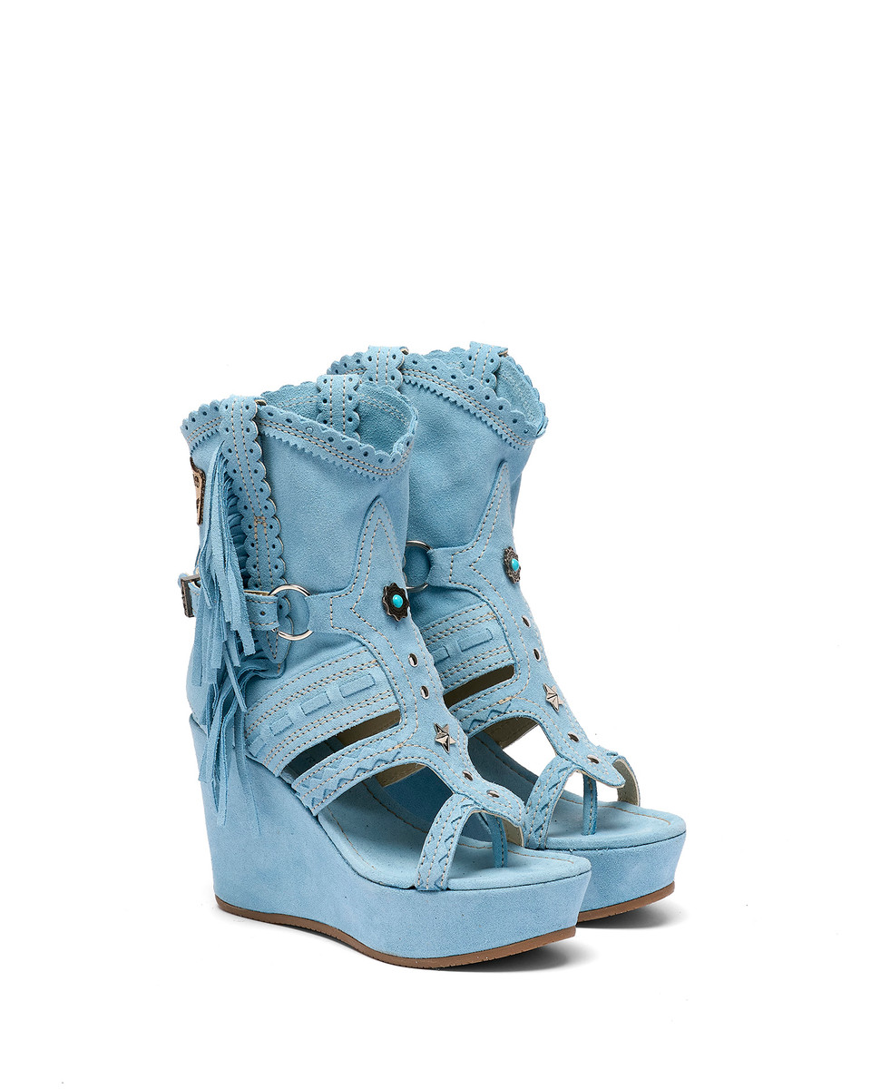 El Vaquero Amber Silverstone Sky Blue Fringe Wedge Sandals - BootJunky.com