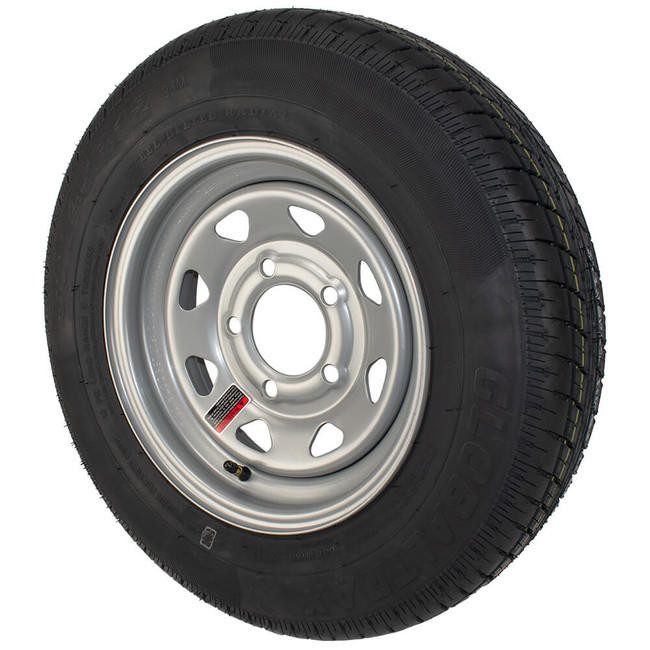 ST145/R12 GlobalTrax Trailer Tire LRE on 5 Bolt Silver Spoke Trailer Wheel