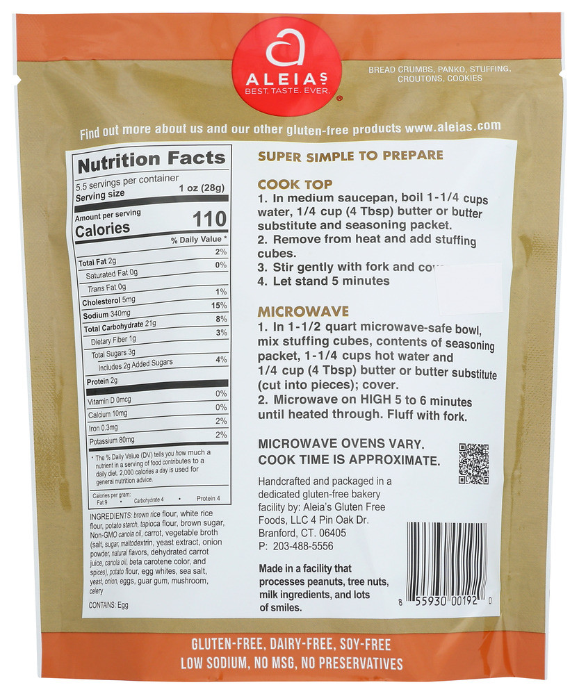 Aleia's Gluten Free Stuffing Mix Plain - Case Of 6 - 10 Oz