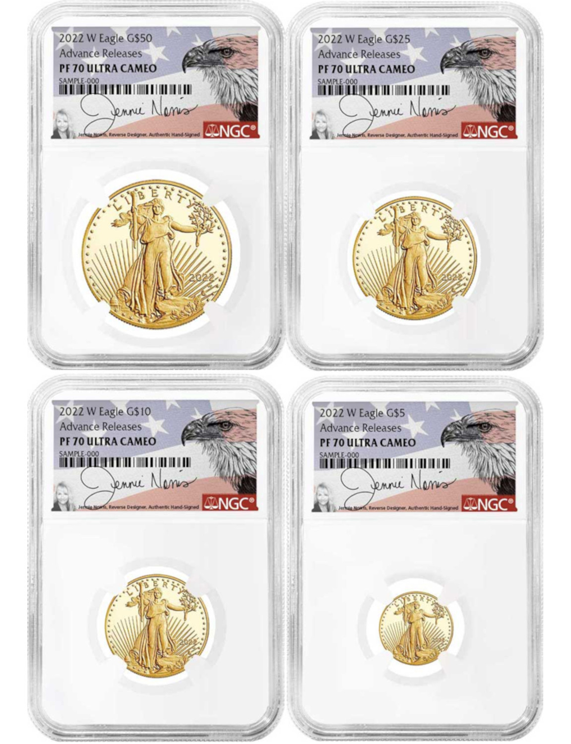 2022 W Gold Eagle 4-Coin Set Advanced Release NGC PF70 Ultra Cameo Jennie Norris Signed | LCR Coin