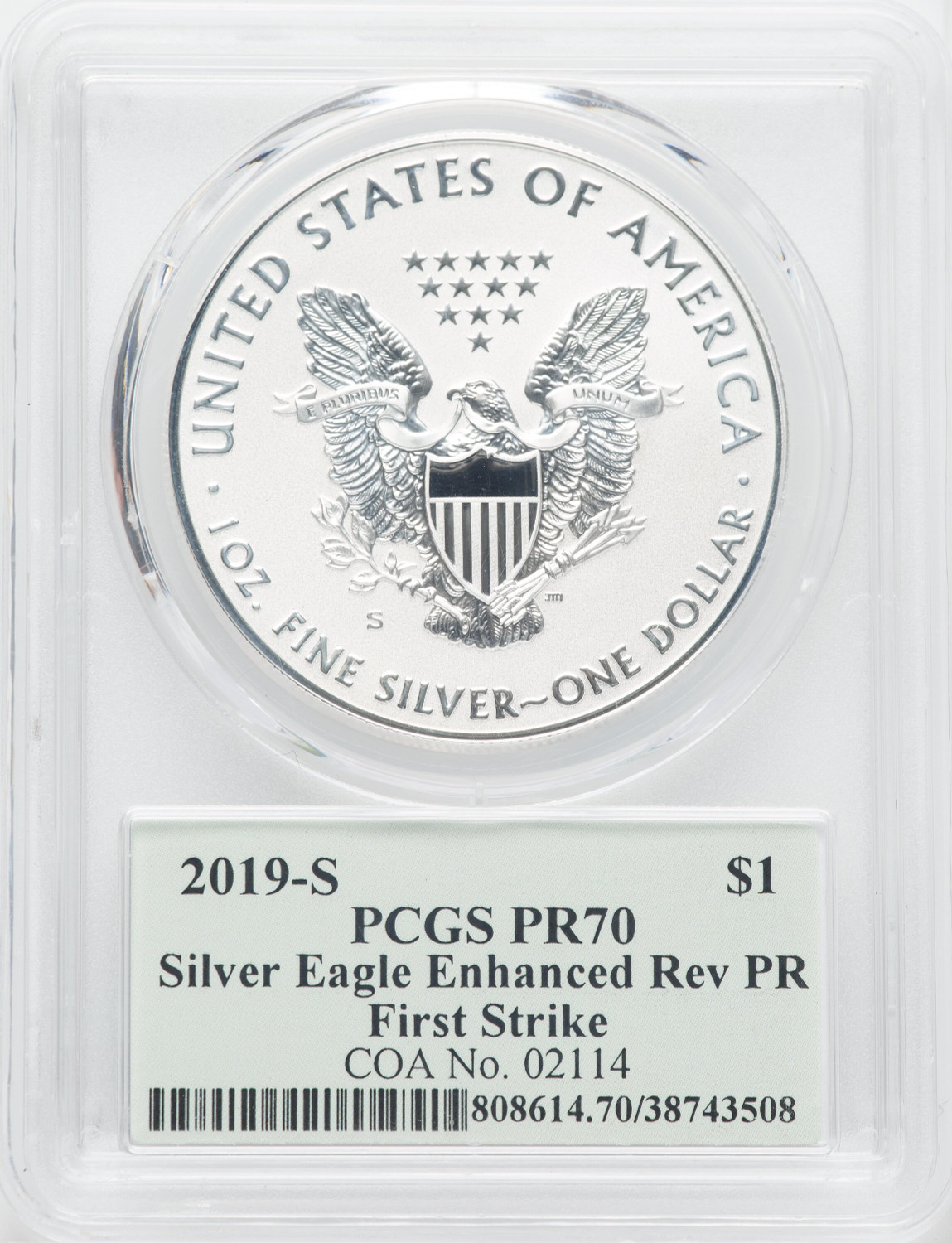 2019-S Enhanced Reverse Proof Silver Eagle FS PCGS PR70 Thomas ...