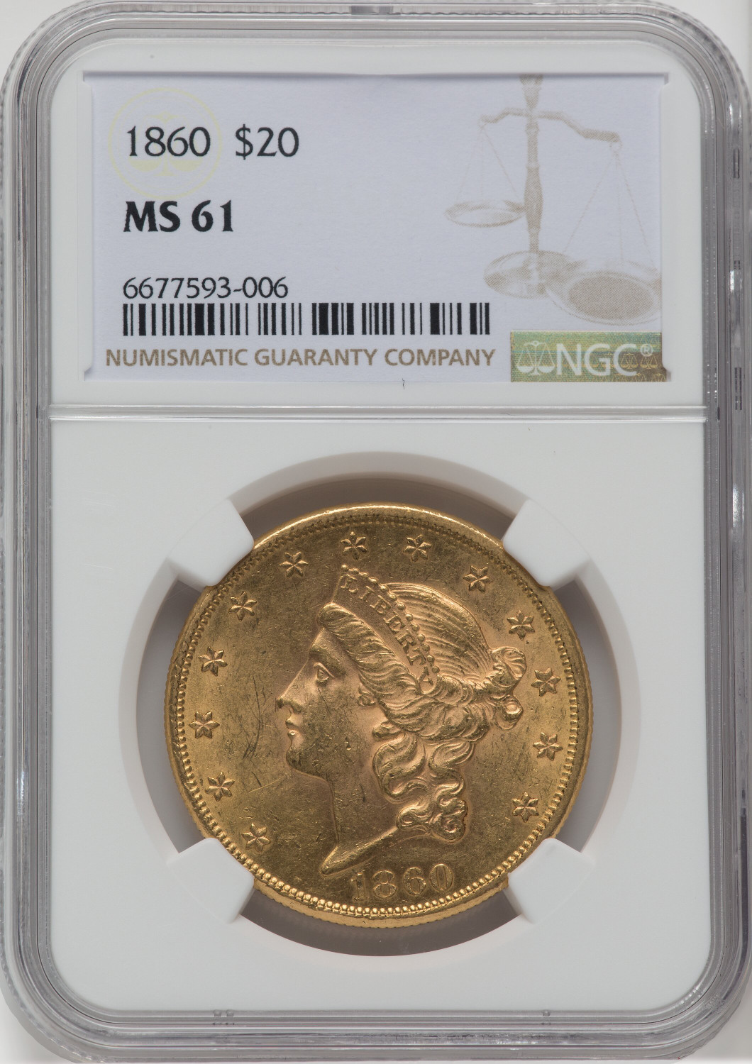 1860 $20 Liberty Double Eagle NGC MS61 - LCR Coin
