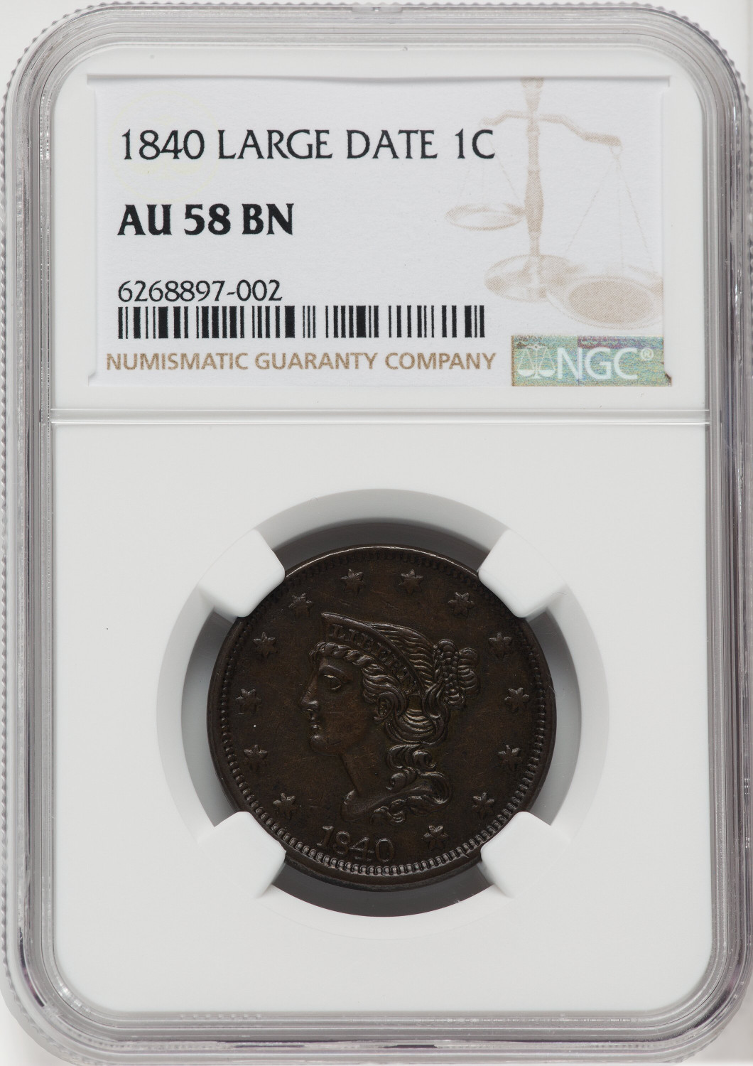 1840 1C BN Large Cent NGC AU58 - LCR Coin