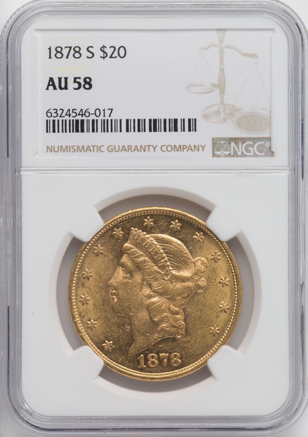 1878-S $20 Liberty Double Eagle NGC AU58 - LCR Coin