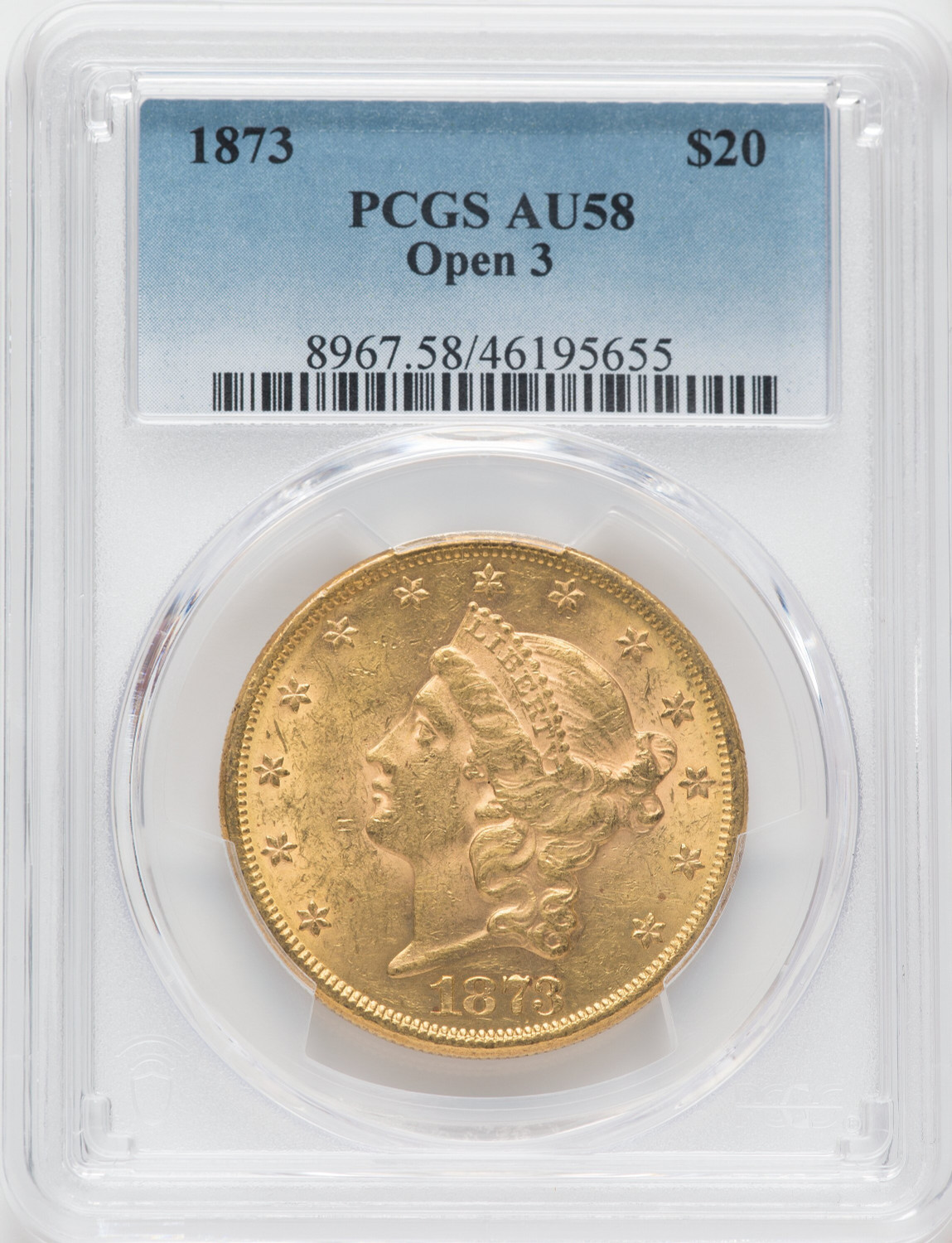1873 $20 OPEN 3 Liberty Double Eagle PCGS AU58 - LCR Coin