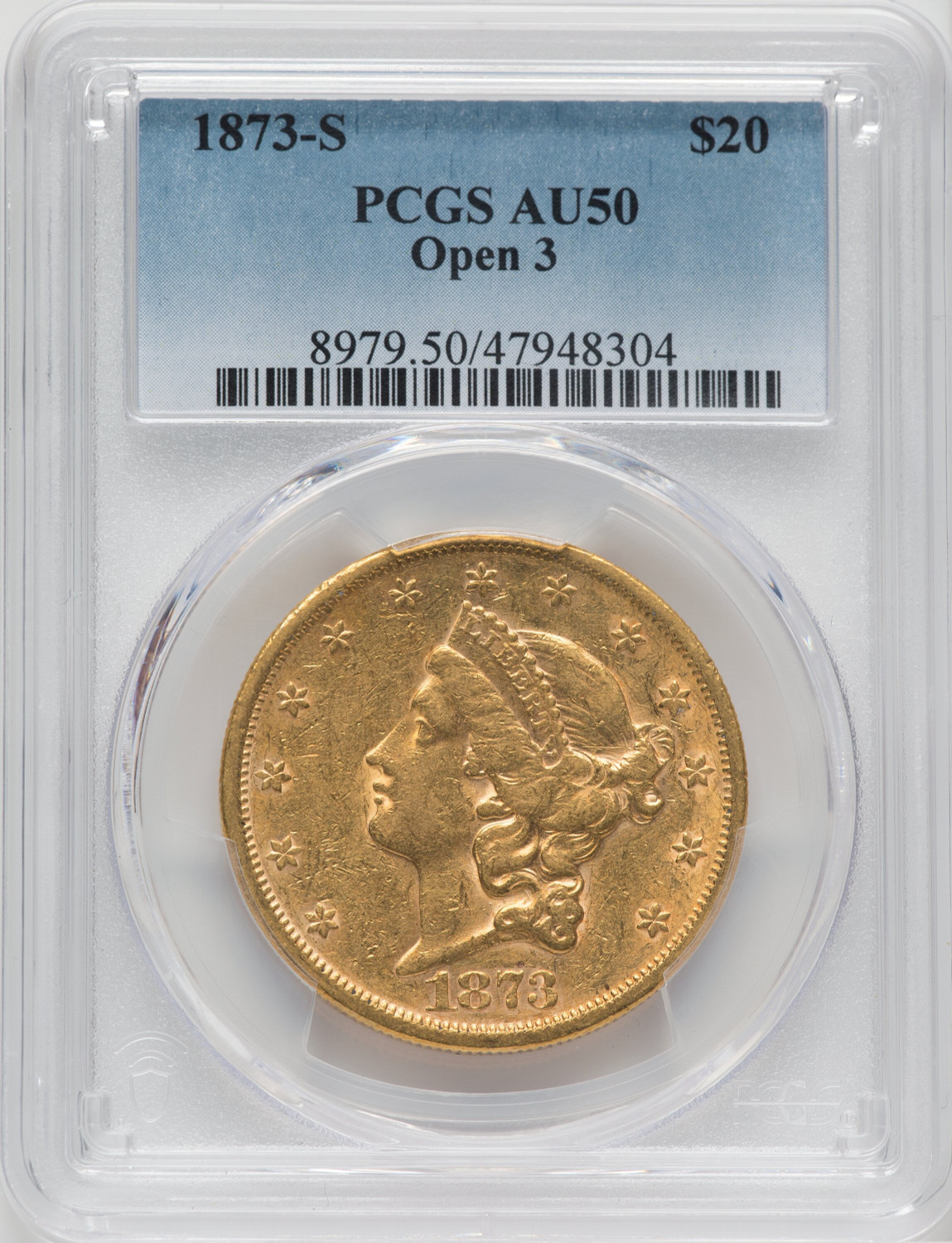 1873-S $20 OPEN 3 Liberty Double Eagle PCGS AU50 - LCR Coin