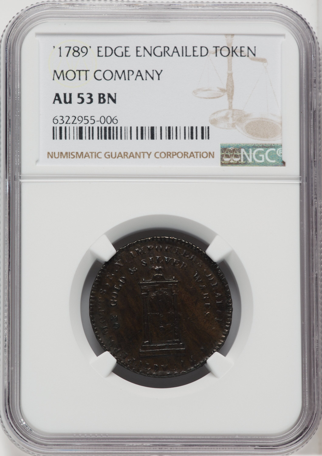 1789 Mott Token Thick Planchet Engrailed Edge BN Colonials NGC AU53 ...