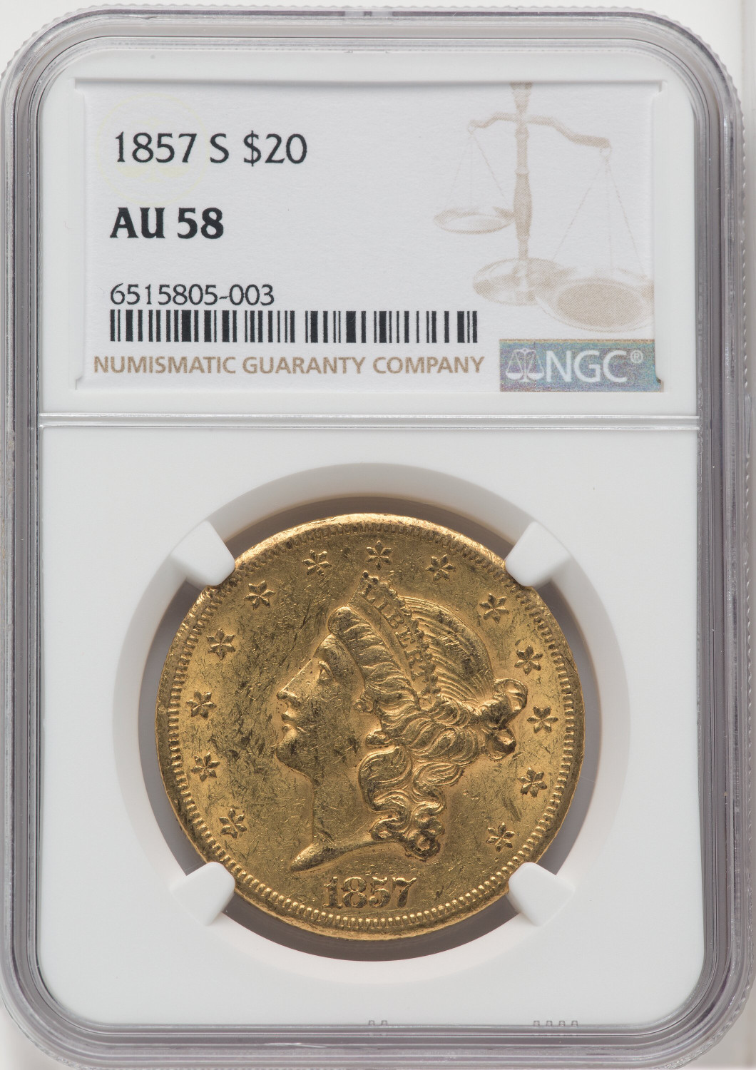 1857-S $20 Liberty Double Eagle NGC AU58 - LCR Coin