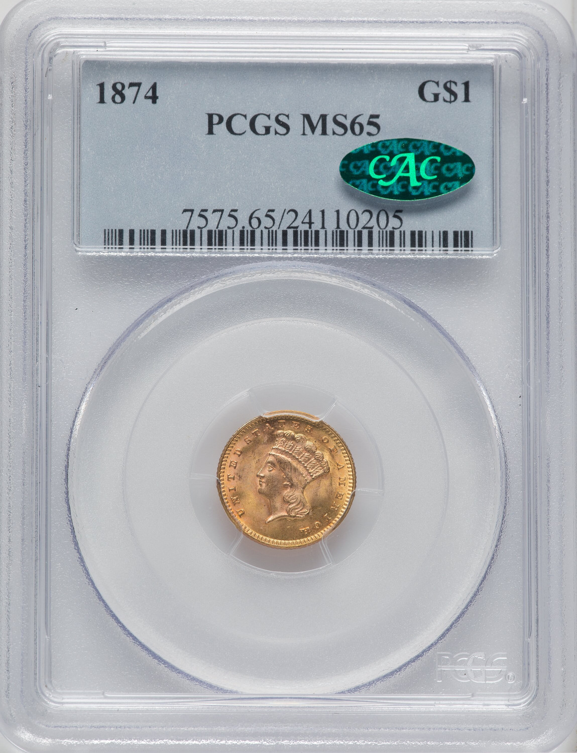 1874 G$1 CAC Gold Dollar PCGS MS65 - LCR Coin