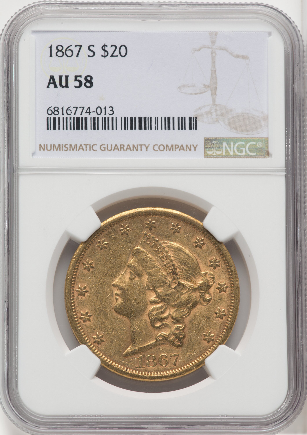 1867-S $20 Liberty Double Eagle NGC AU58 - LCR Coin